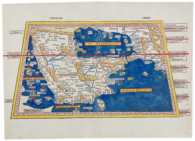 Claudius Ptolemaeus Sexta Asie Tabula, Ulm, 1486, hand-colouring, a ...